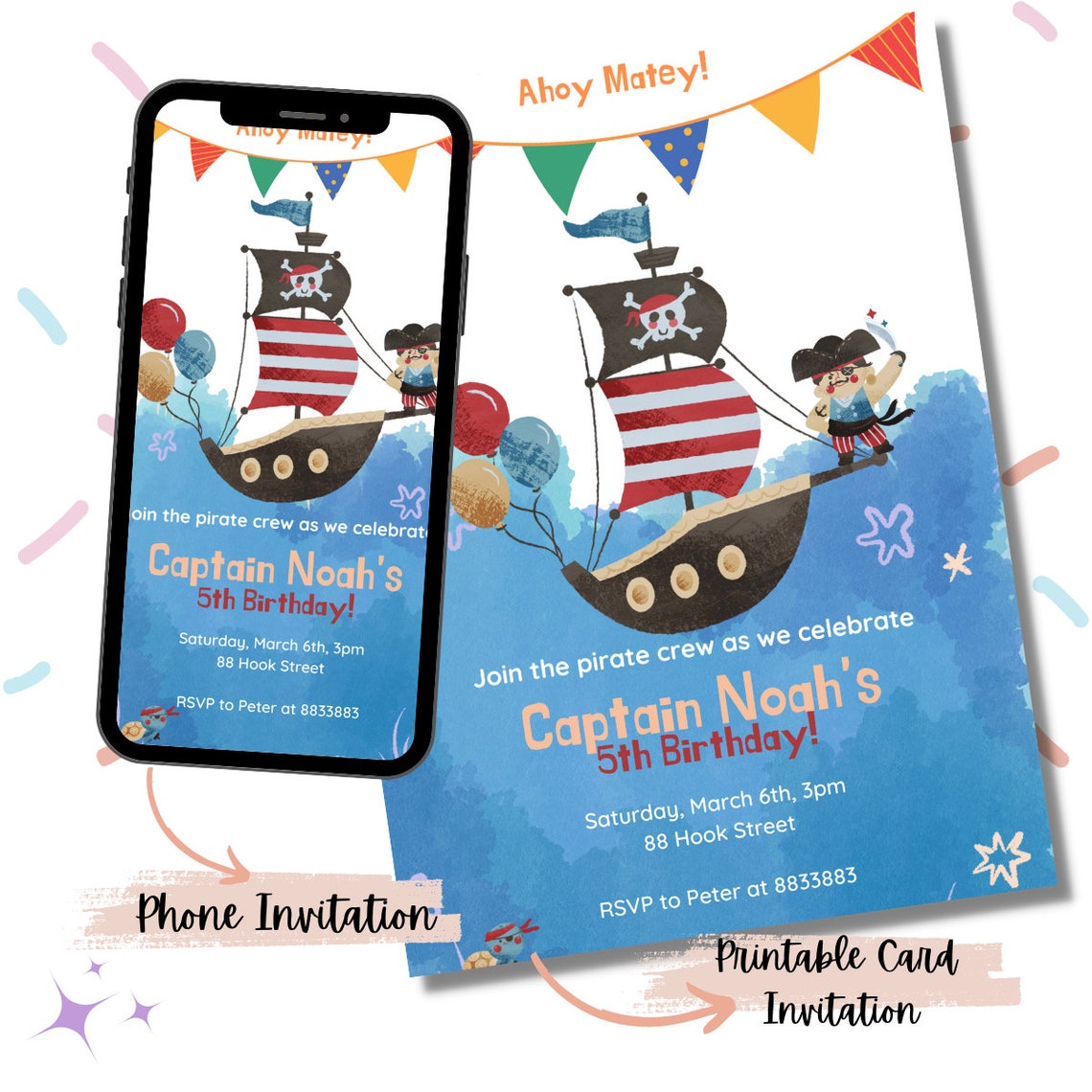 Pirate Ahoy Matey Theme Party Printable Card Phone Invitation Combo ...