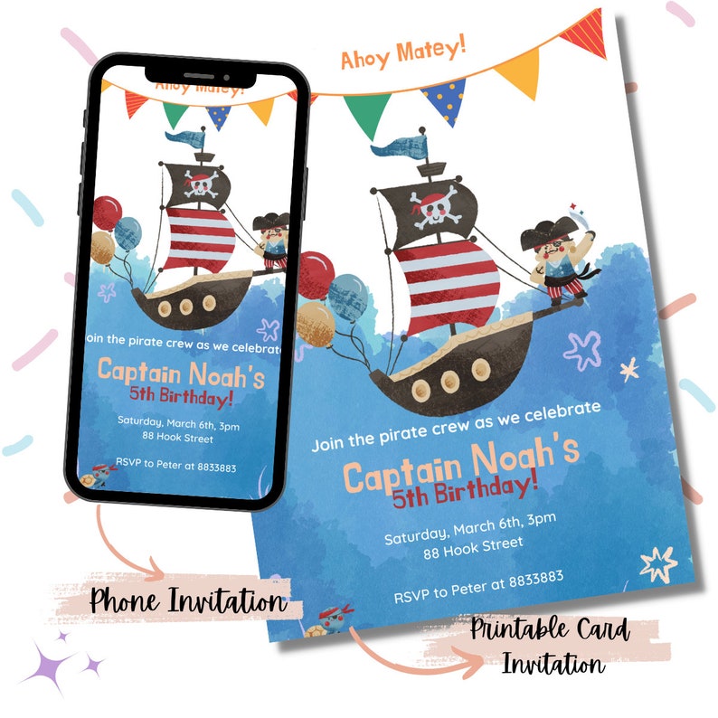 Pirate Ahoy Matey Theme Party Printable Card Phone Invitation - Etsy
