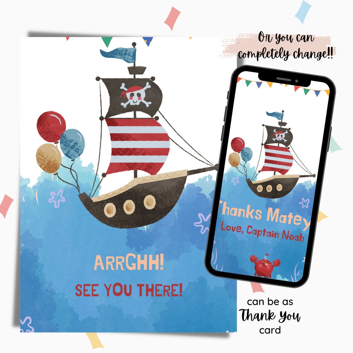 Pirate Ahoy Matey Theme Party Printable Card Phone Invitation Combo ...