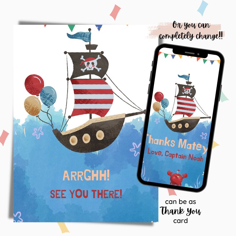Pirate Ahoy Matey Theme Party Printable Card Phone Invitation - Etsy
