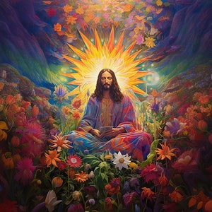 Psychedelic Jesus Portrait Floral Art Gift for Christian Printables ...