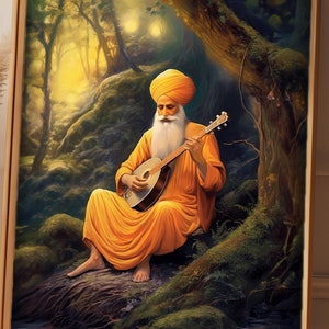 Guru Nanak Dev Ji Rubab Art Forest Sikh Painting Indian Home Decor Baba ...