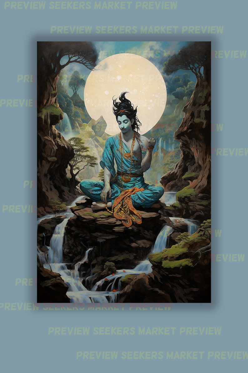 Krishna Art Print Young Lord Krishna Meditating in Zion at Night Krisna ...