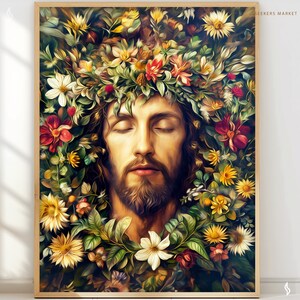 Jesus Portrait Art Print Floral Art Gift for Religious Home Decor ...