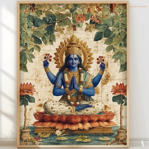 Lord Vishnu Hindu God Portrait - Blue Spiritual Wall Art, Indian Deity ...