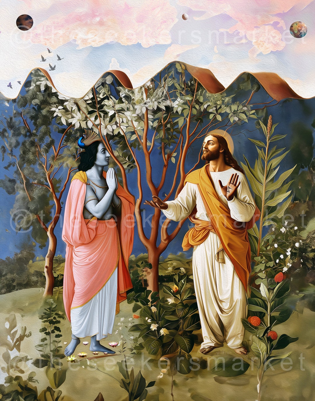 Jesus and Krishna Printable Art Amidst Natures Harmony, RJK8 Religious ...