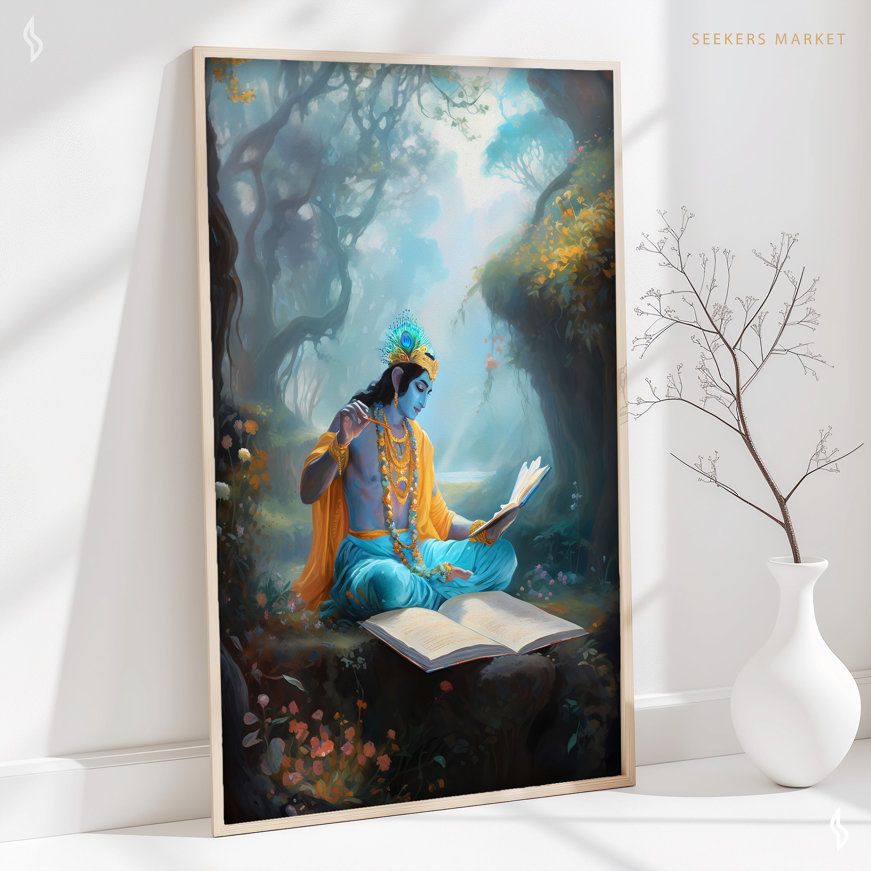 Krishna Art Print Writing Gita Forest Painting Bhagavad Gita Art Lord Krishna Hindu Decor Krisna ...