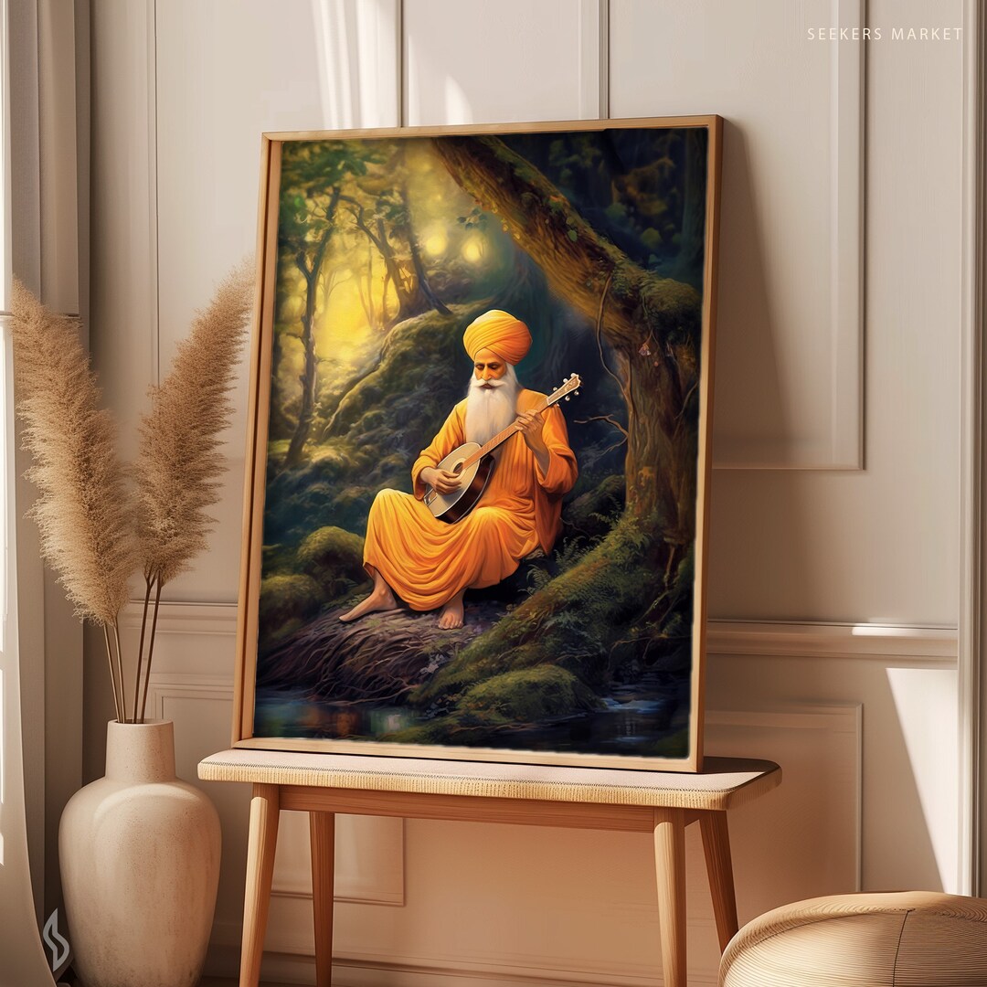 Guru Nanak Dev Ji Rubab Art Forest Sikh Painting Indian Home Decor Baba ...
