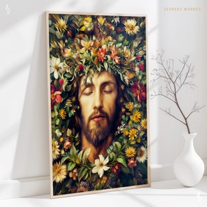 Jesus Portrait Art Print Floral Art Gift for Religious Home Decor ...