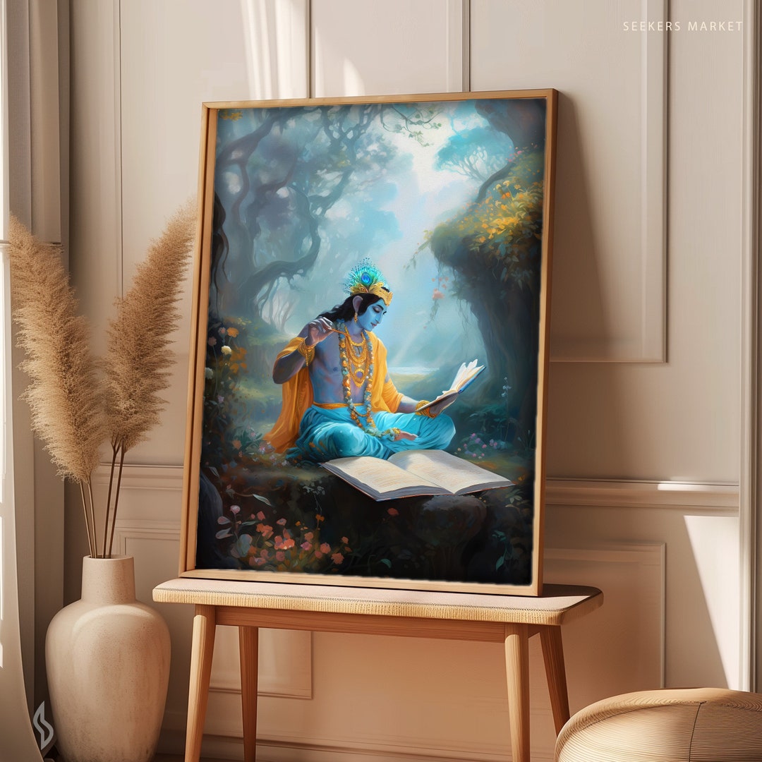 Lord Krishna Art Print, Hindu Spiritual Forest Meditation Decor - Etsy