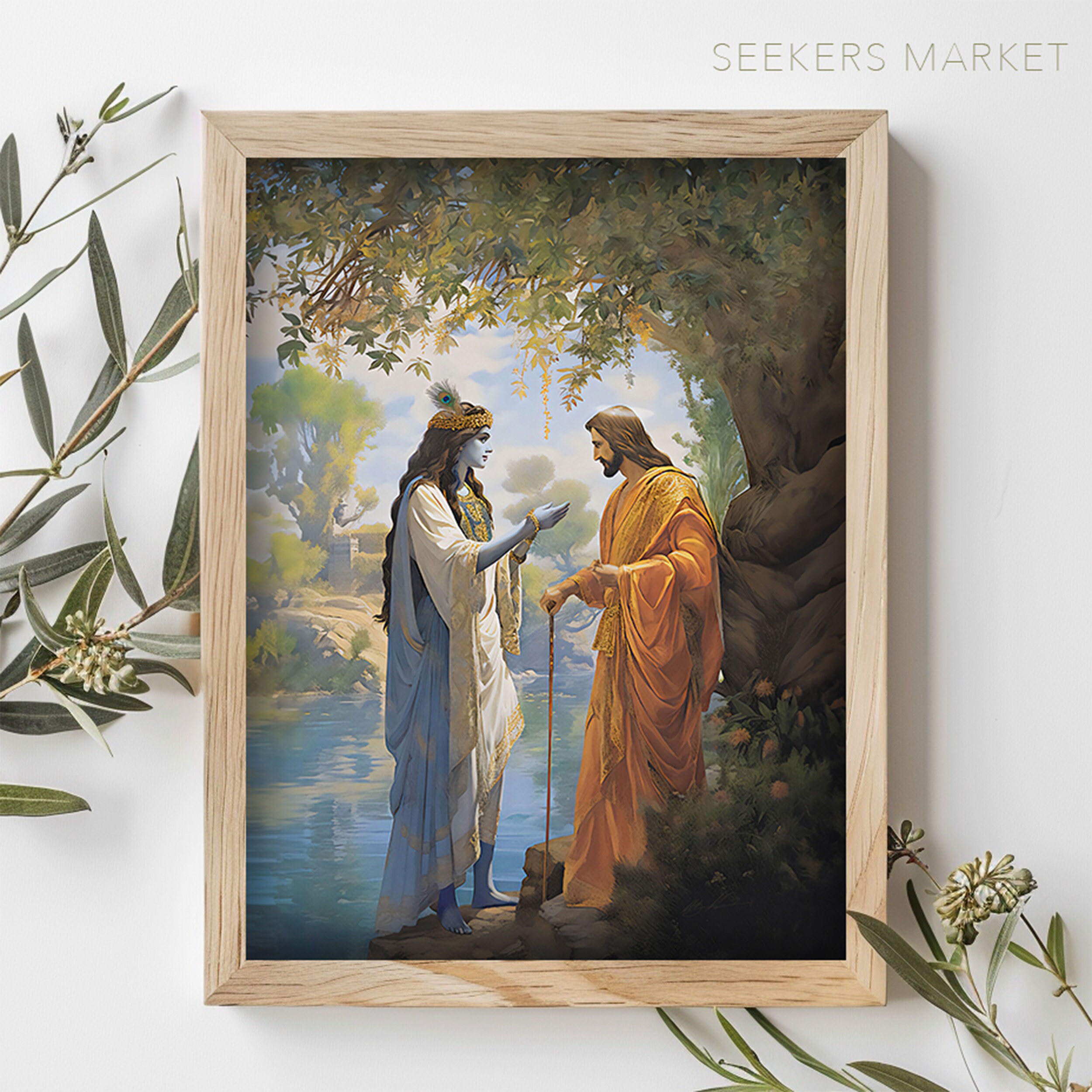 Spiritual Harmony Painting Poster Lord Krishna Meets Jesus Christ Art ...