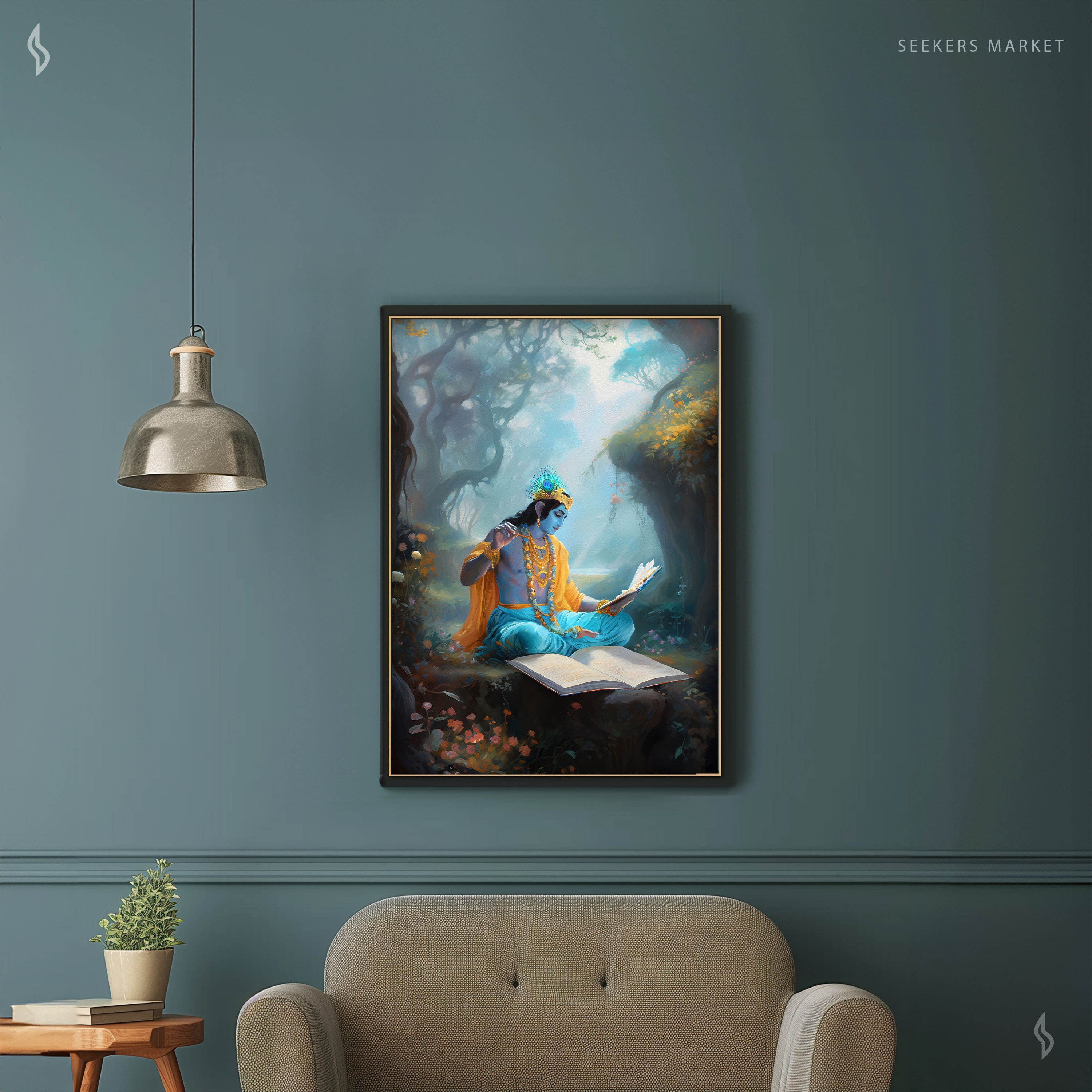 Krishna Art Print Writing Gita Forest Painting Bhagavad Gita Art Lord Krishna Hindu Decor Krisna ...