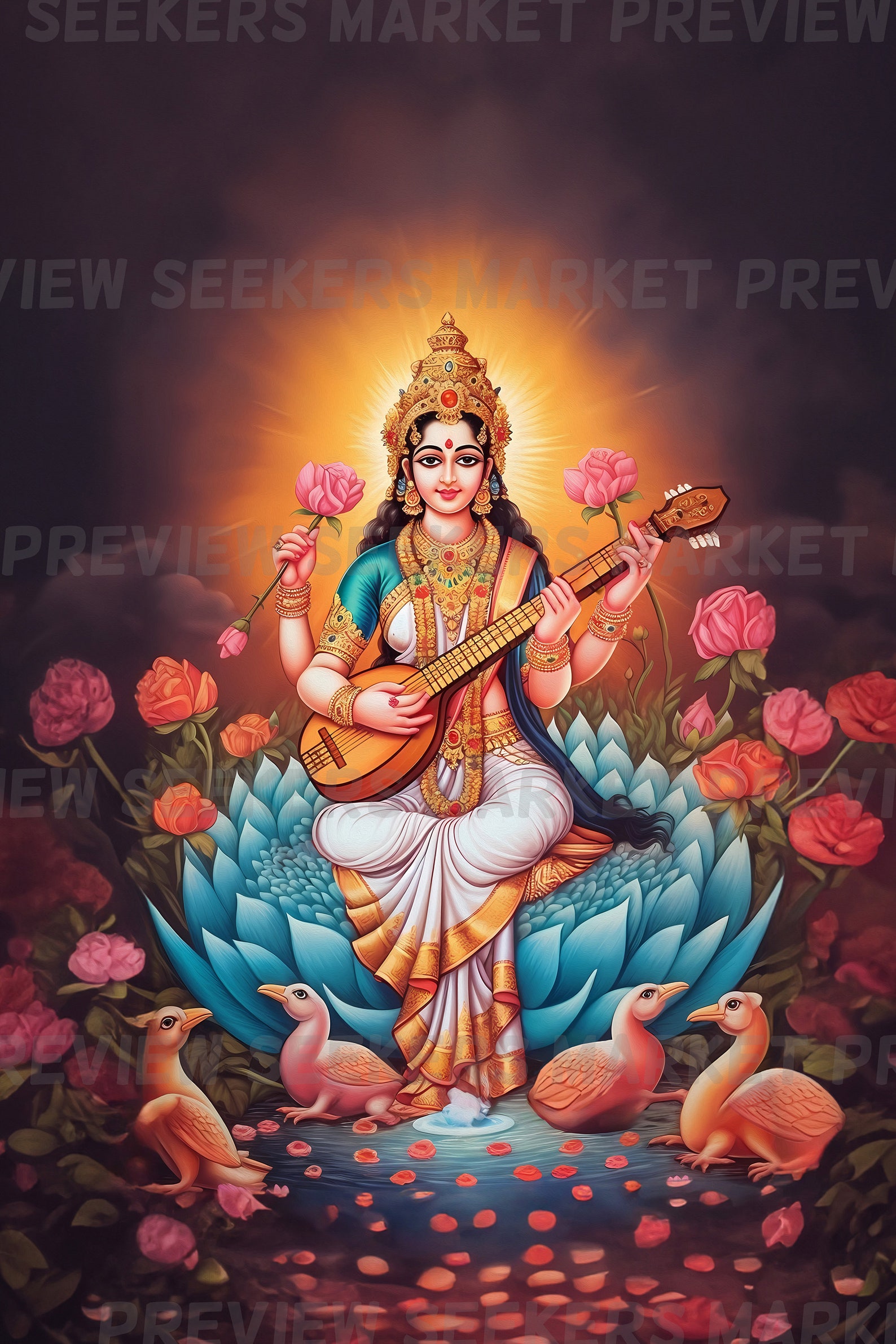 Saraswati Lotus With Rubab Art Poster Hindu Art Indian Art - Etsy