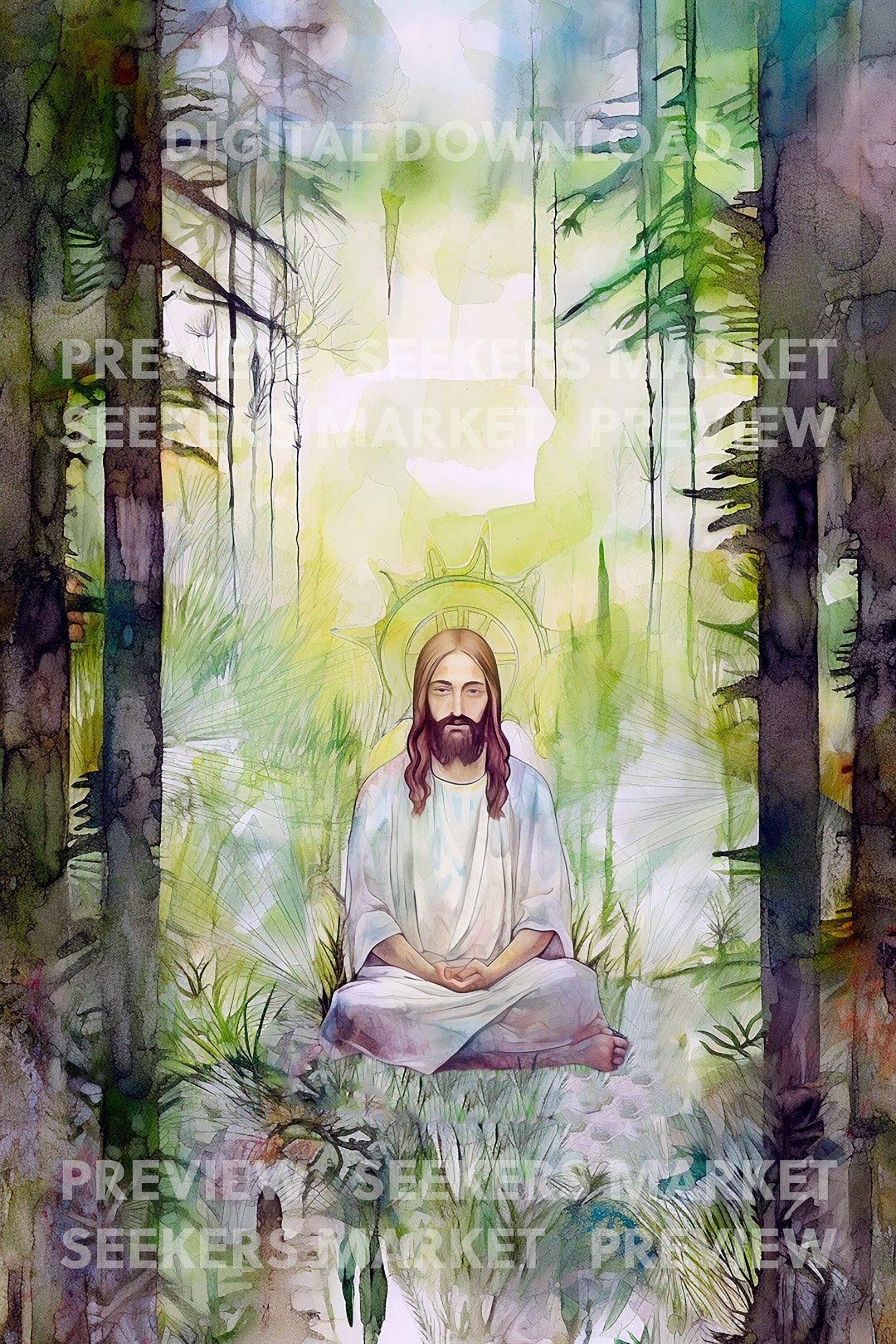 Jesus Meditating in the Forest Watercolor Digital - Etsy