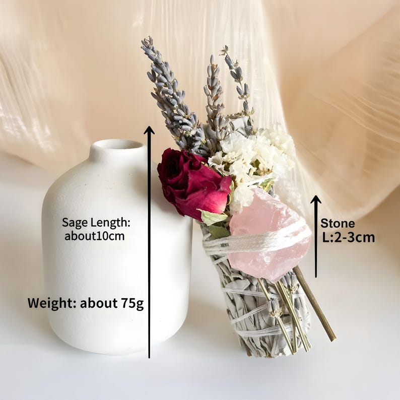 White Sage Smudge Bouquet, Dried Rose, Lavender, Crystal - Etsy