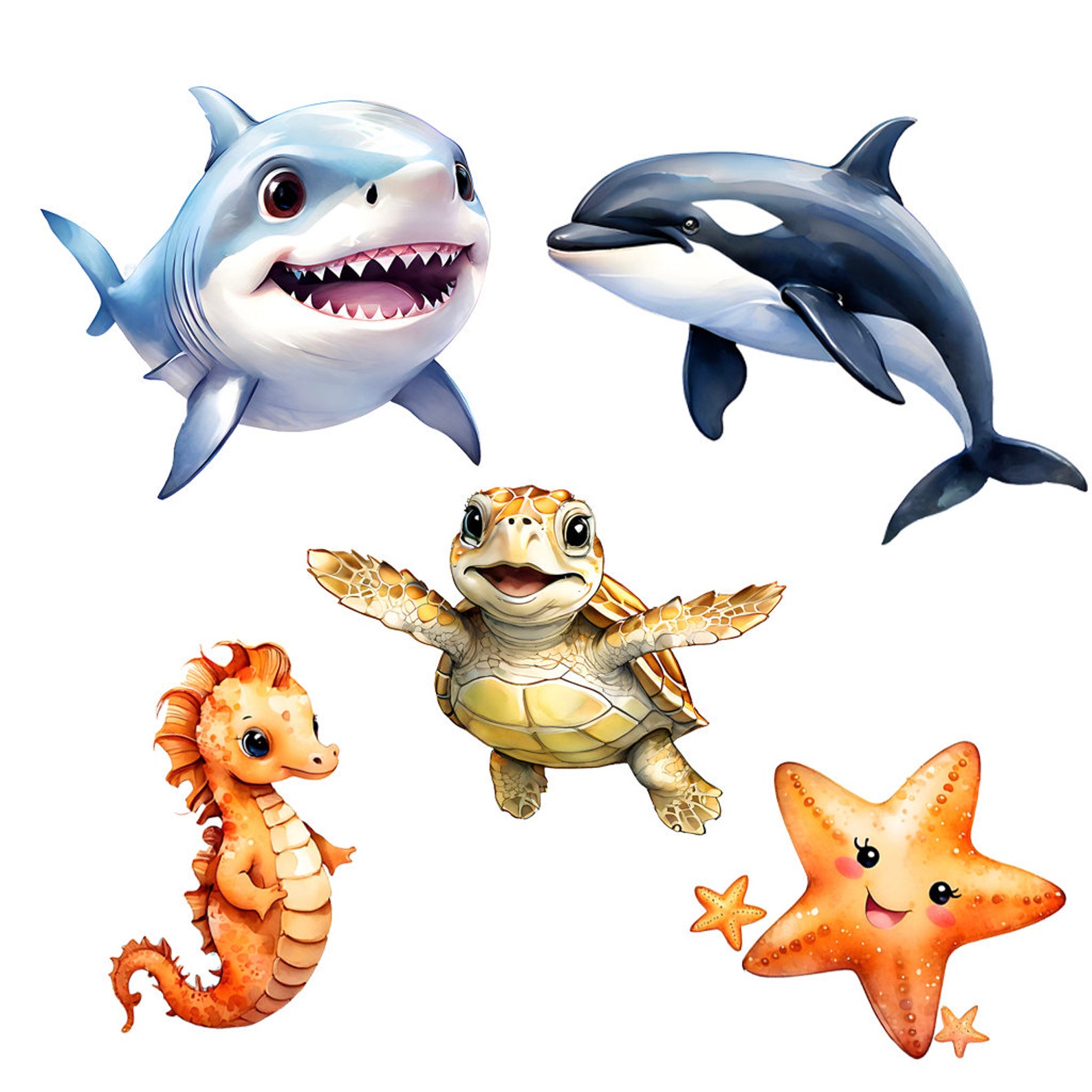 10 Cute Ocean Animals Clipart Bundle, Printable Watercolor Clipart ...