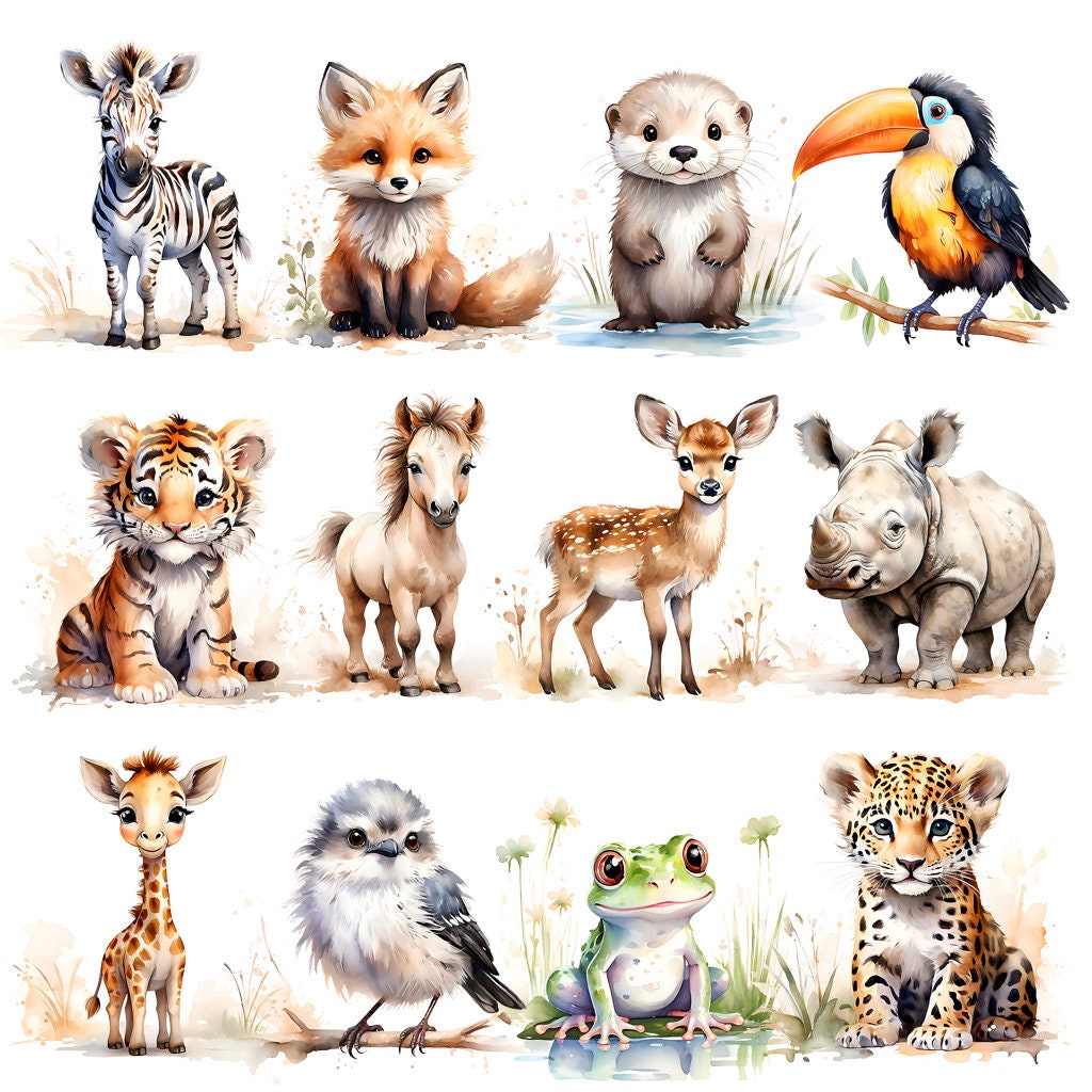 12 Cute Animals Clipart Bundle, Printable Watercolor Clipart, High ...