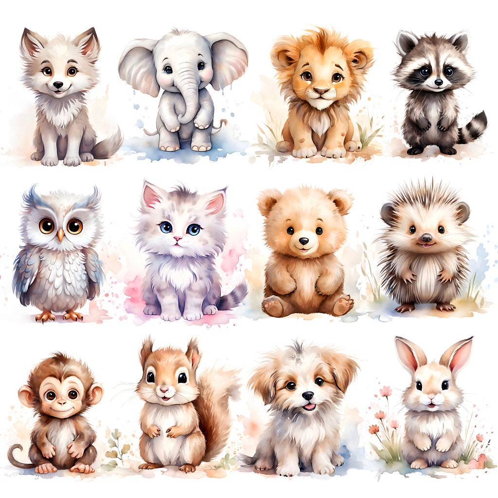 12 Cute Animals Clipart Bundle, Printable Watercolor Clipart, High ...