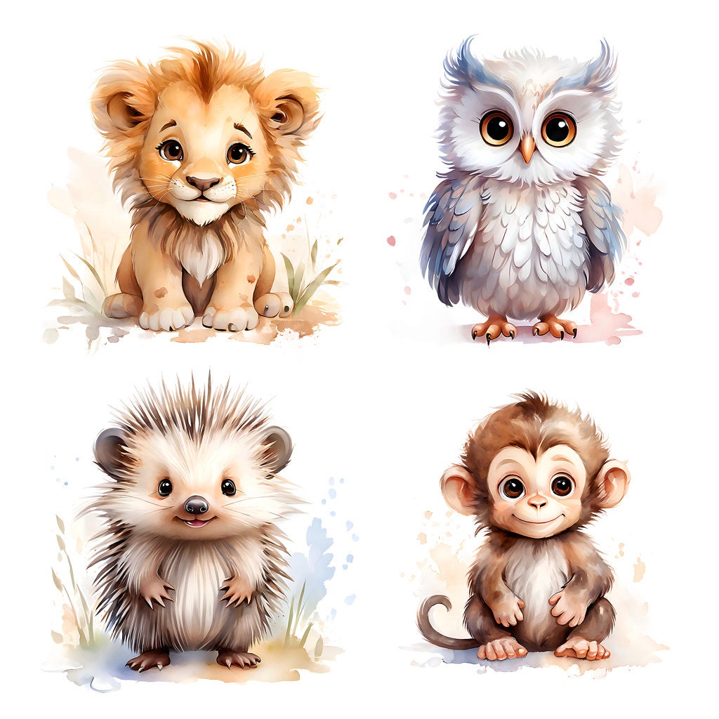12 Cute Animals Clipart Bundle, Printable Watercolor Clipart, High ...