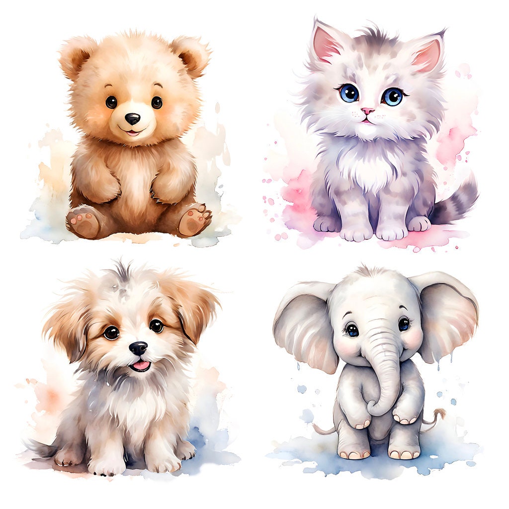 12 Cute Animals Clipart Bundle, Printable Watercolor Clipart, High ...