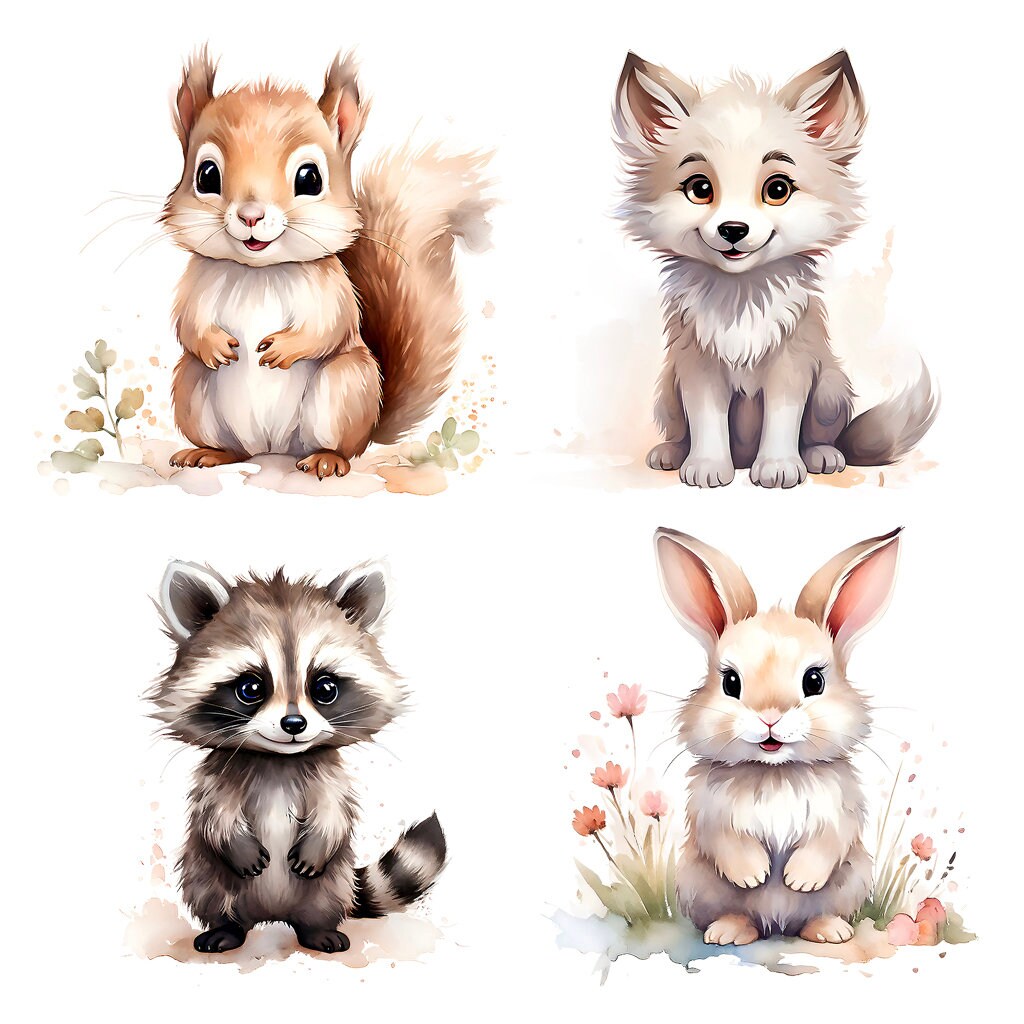 12 Cute Animals Clipart Bundle, Printable Watercolor Clipart, High ...