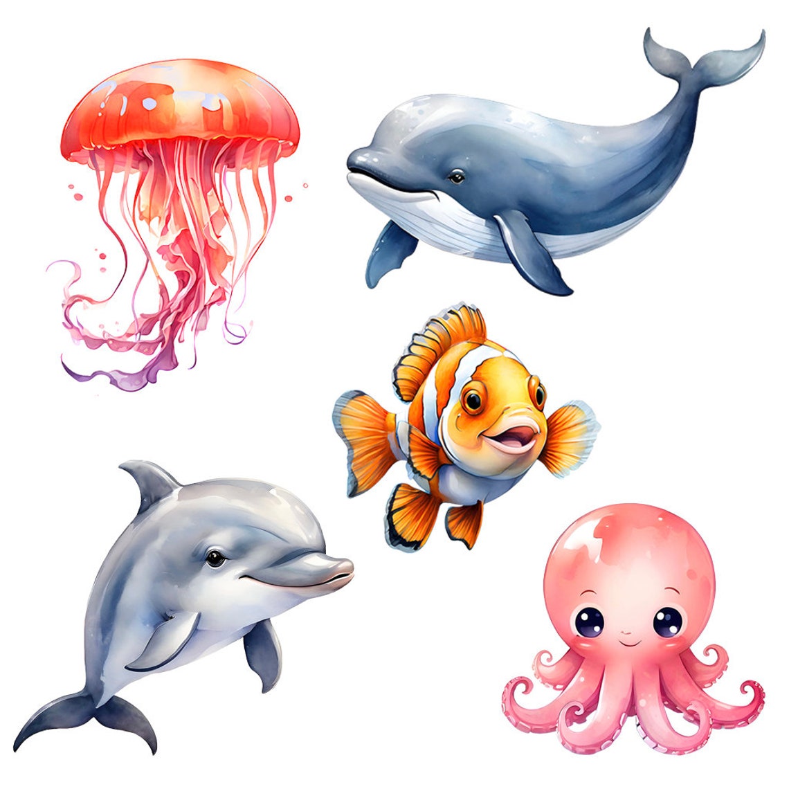 10 Cute Ocean Animals Clipart Bundle, Printable Watercolor Clipart ...