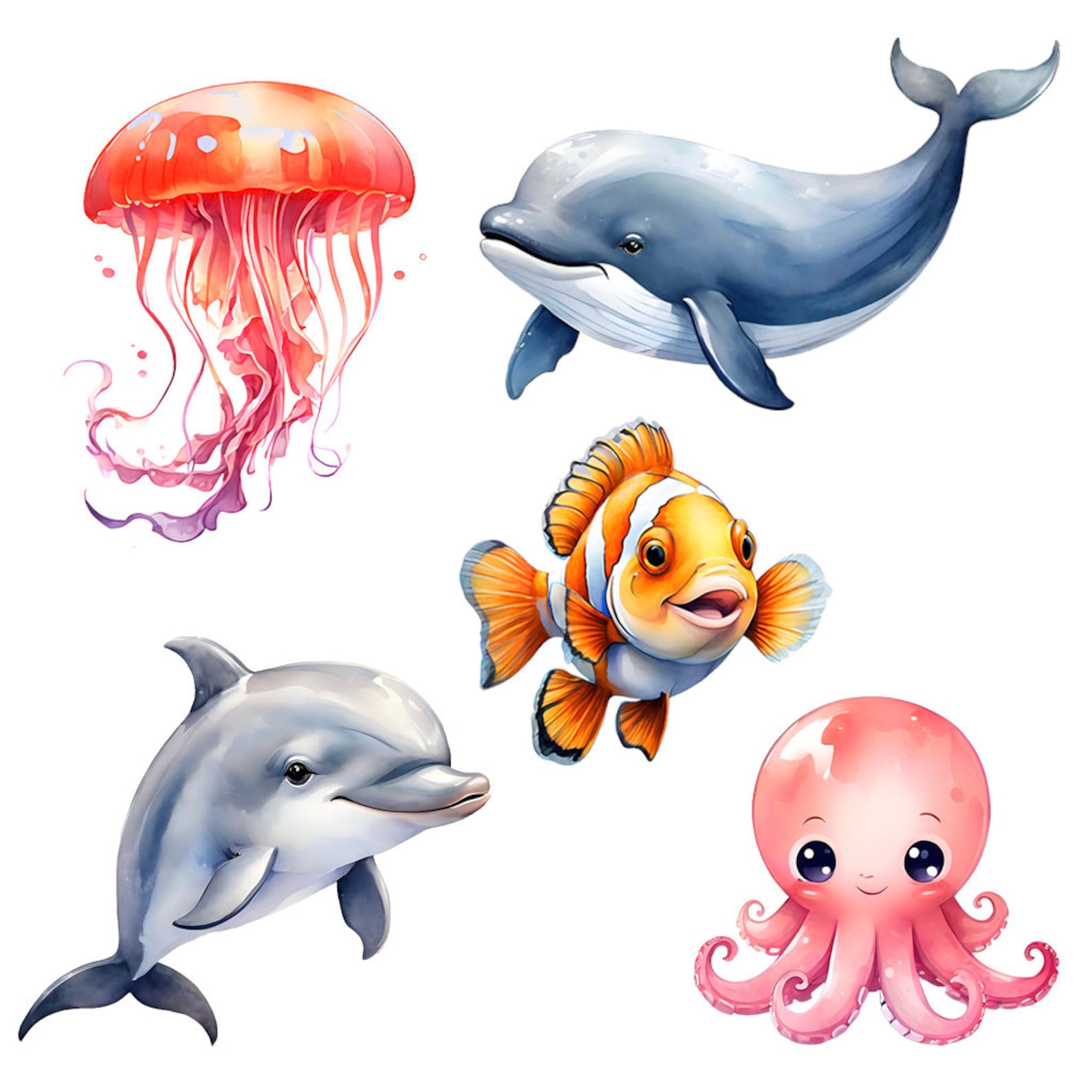 10 Cute Ocean Animals Clipart Bundle, Printable Watercolor Clipart ...