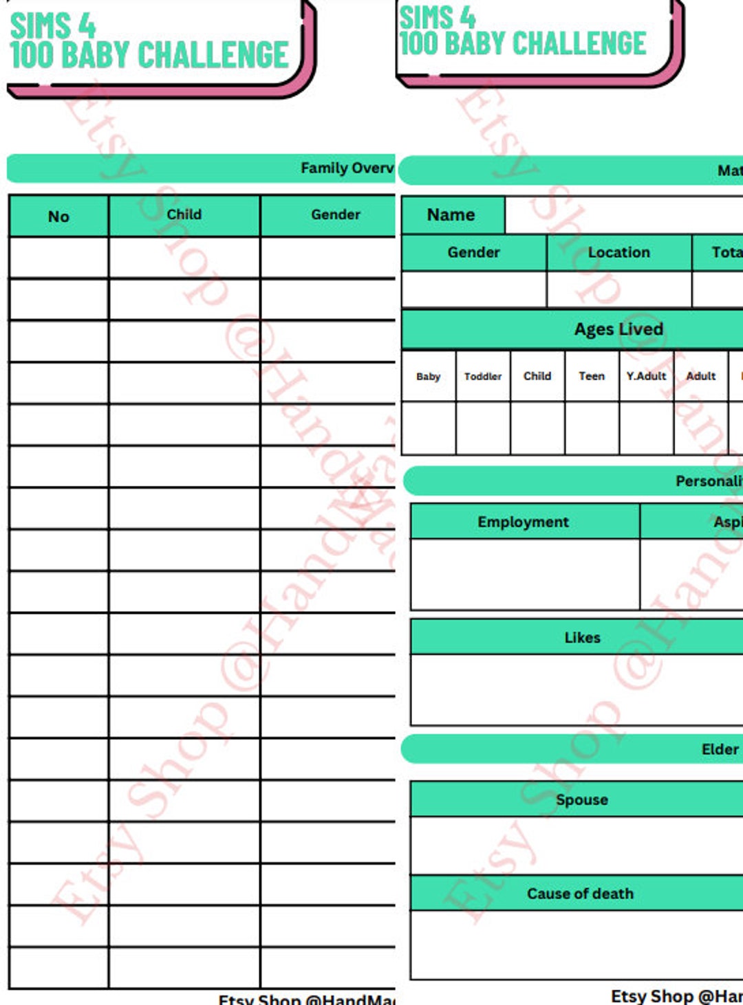 The Sims 4 100 Baby Challenge Printable Planner Pages - Etsy