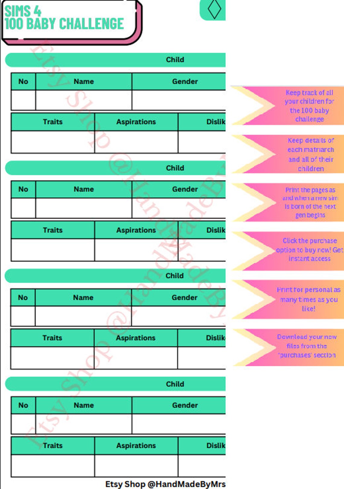 The Sims 4 100 Baby Challenge Printable Planner Pages - Etsy