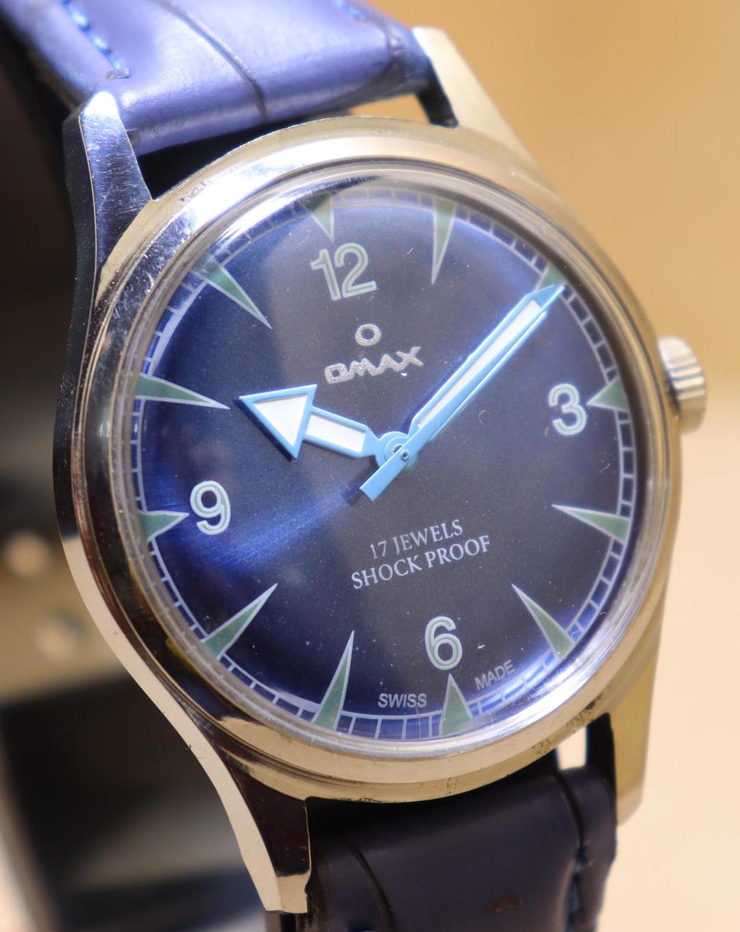 Vintage OMAX Hand Winding Swiss Made Movement 17 Jewels Blue Dial Men's ...