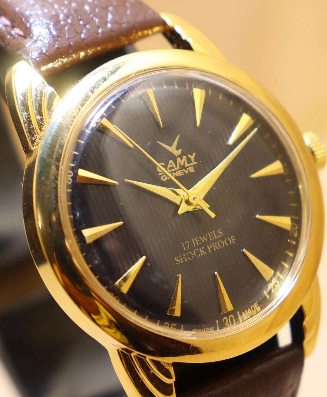 Vintage Camy Hand Winding Swiss Made Movement 17 Jewels Black Dial Men ...