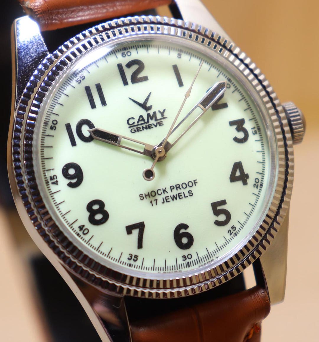 Vintage CAMY Hand Winding Swiss Made Movement 17 Jewels Luminous Yellow ...