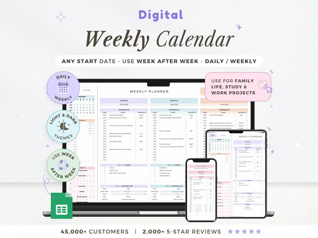 Digital Weekly Calendar Monthly Spreadsheet Google Sheets Daily ...