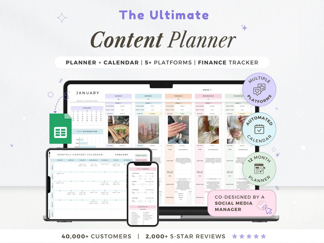 Content Planner Social Media Calendar Spreadsheet Monthly Content ...