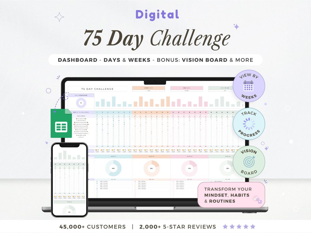 Digital 75 Day Challenge Spreadsheet Habit Tracker Fitness Planner ...