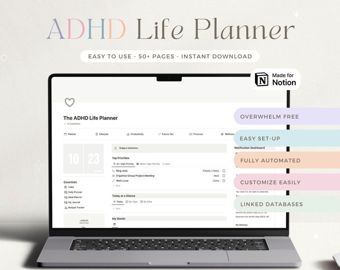 ADHD Notion Template Second Brain Notion Dashboard ADHD All in One Aesthetic Notion Planner ...