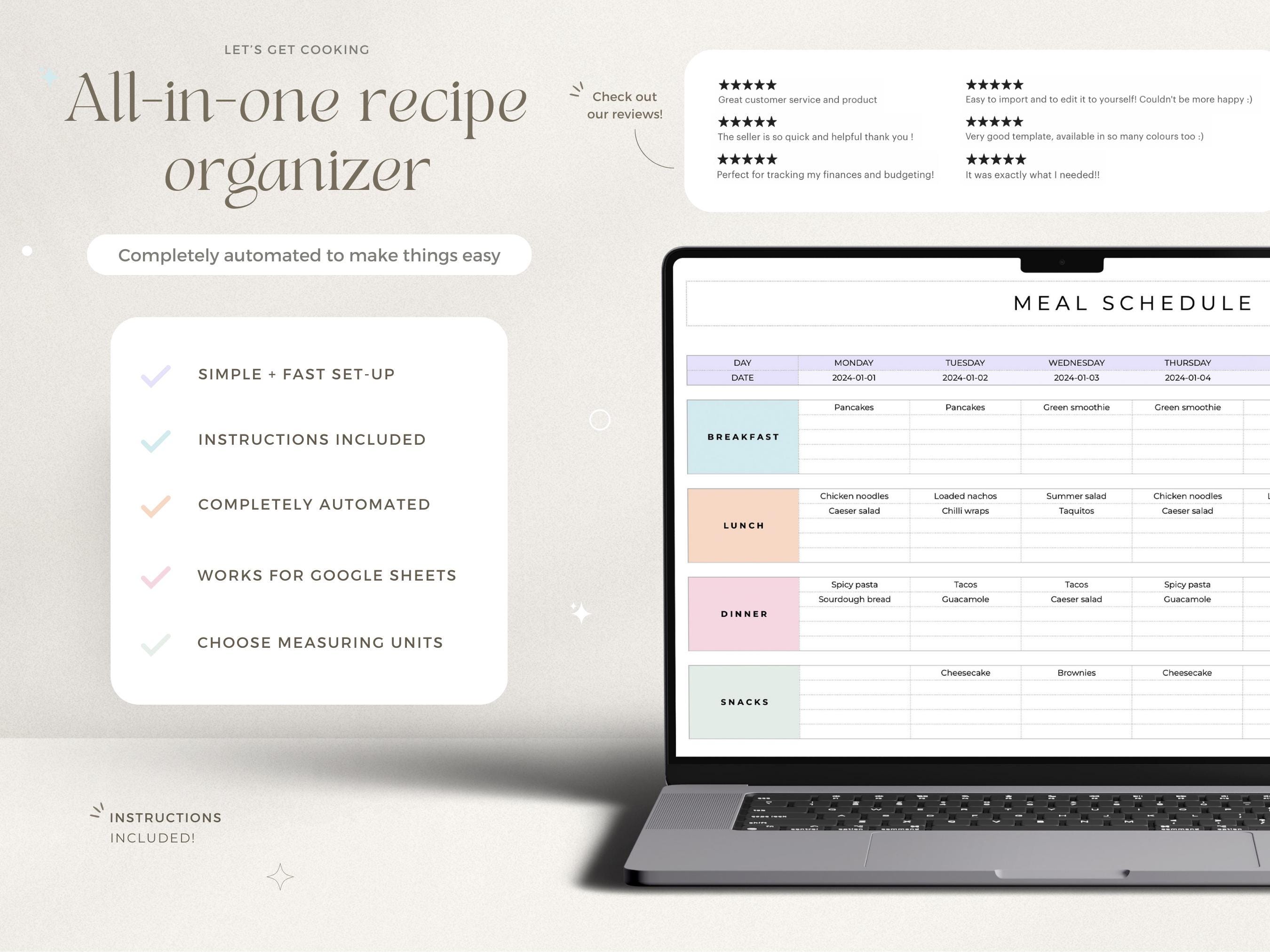 Recipe Organizer Spreadsheet Meal Planner Digital Recipe Book Automatic ...
