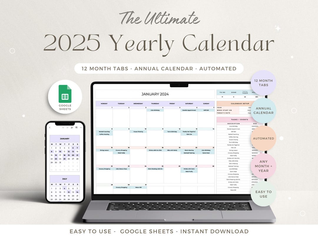 2025 Calendar Spreadsheet Google Sheets Yearly Calendar Monthly Tracker ...