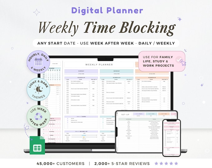 Weekly Time Blocking Planner Spreadsheet 24 Hour Weekly Schedule ...