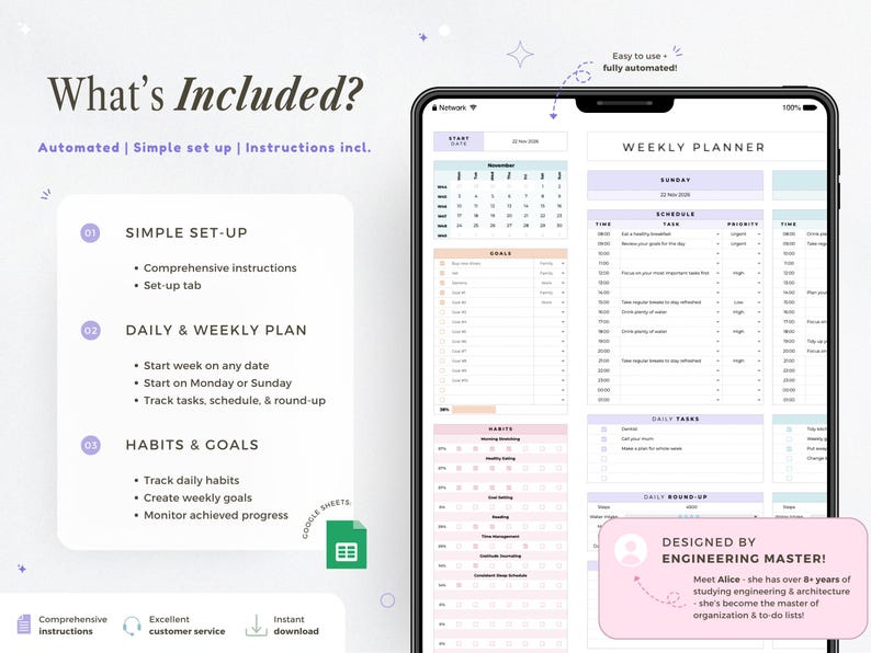 Digital Weekly Calendar Monthly Spreadsheet Google Sheets Daily ...