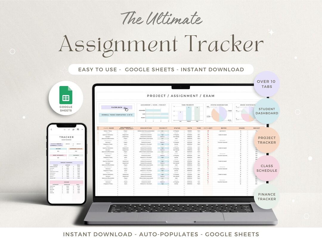 Assignment Tracker Spreadsheet Student Planner Google Sheets Calendar Class Schedule Homework ...