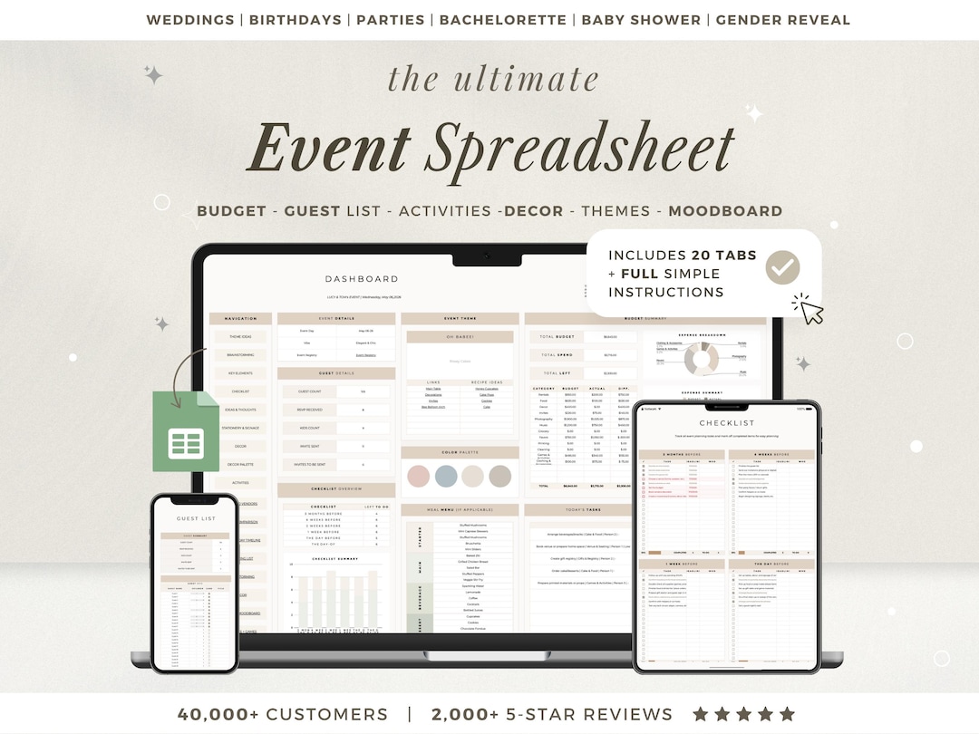 Digital Event Planning Spreadsheet Google Sheets Event Organizer Template Budget Tracker Guest ...