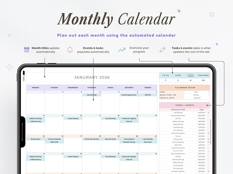 Digital Planner Spreadsheet Google Sheets Calendar Monthly Tracker ...