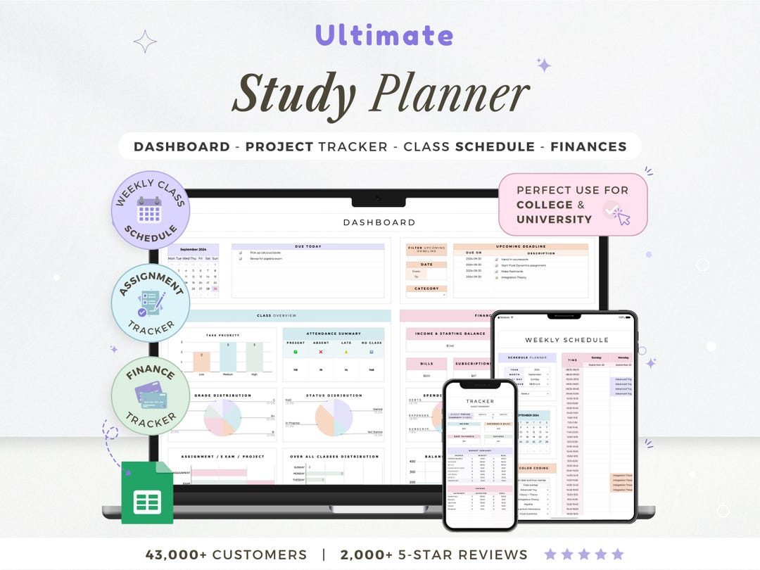 Study Planner Spreadsheet Academic Student Planner School Homework ...