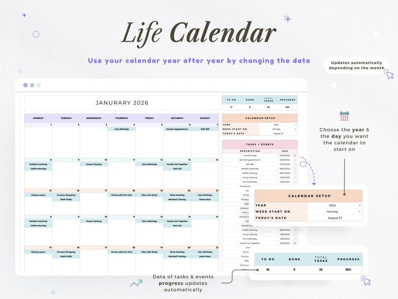 Digital Life Planner Google Sheets 2026 Calendar Template Goal Planner ...
