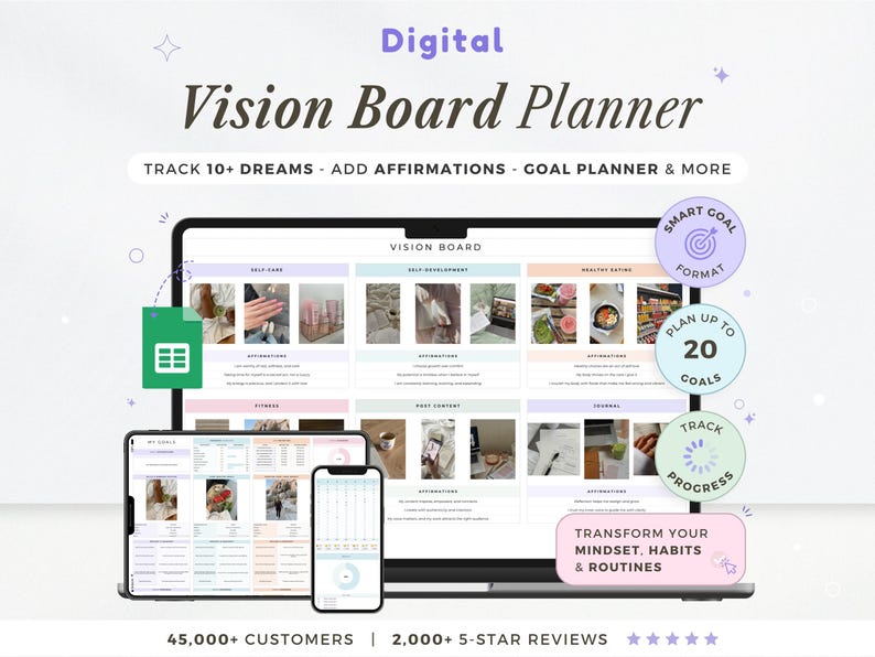 Digital Vision Board Spreadsheet 2026 Goal Planner Google Sheets Smart ...