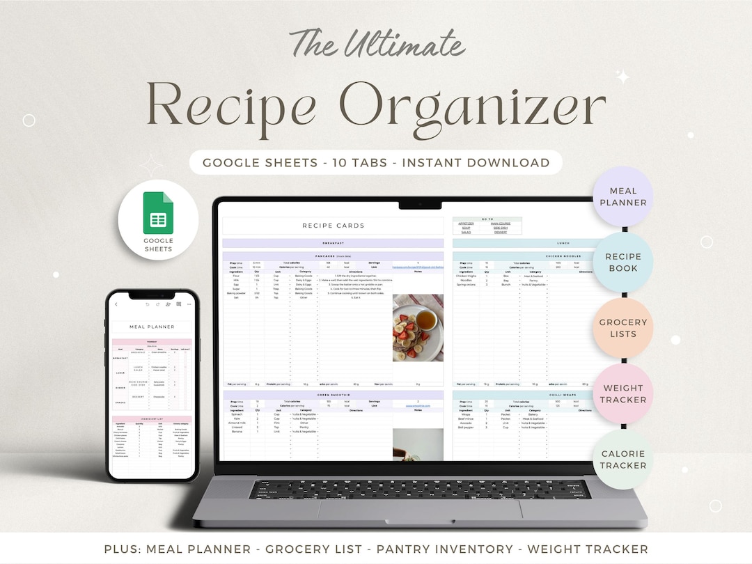 Recipe Organizer Spreadsheet Meal Planner Digital Recipe Book Automatic ...
