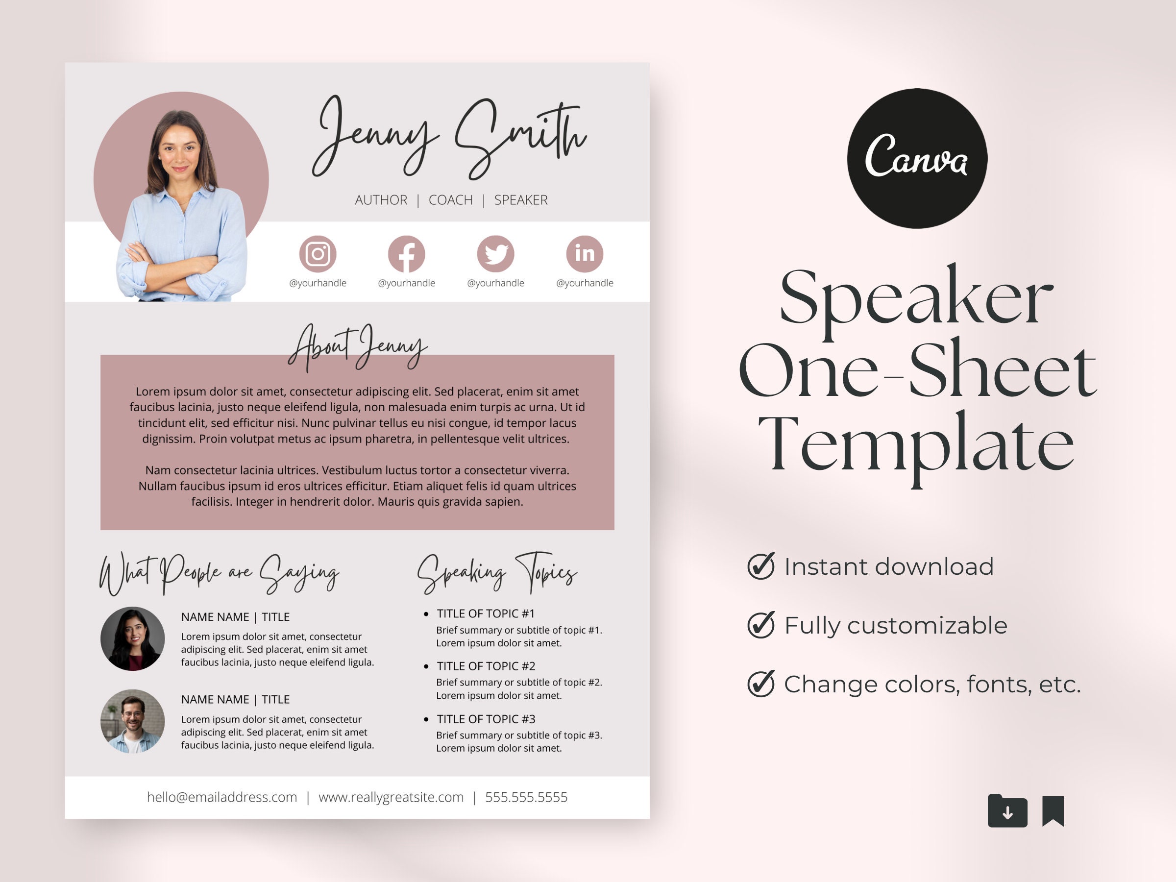 Speaker One Sheet Canva Template | One Pager | Author Media Kit ...