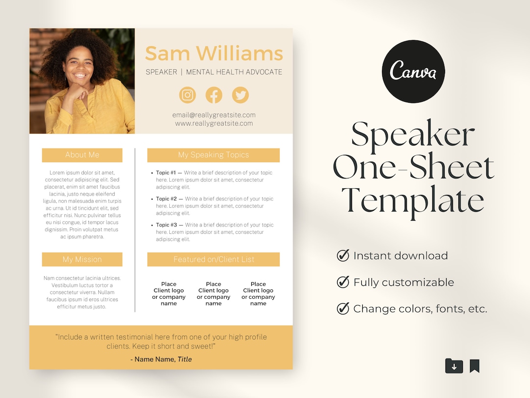 Speaker One Sheet Canva Template | One Pager | Author Media Kit | Introduction Sheet - Etsy