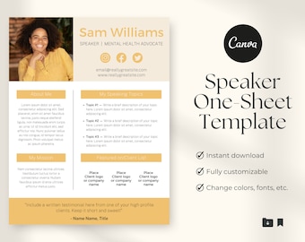Speaker One Sheet Canva Template | One Pager | Author Media Kit | Introduction Sheet | Women ...